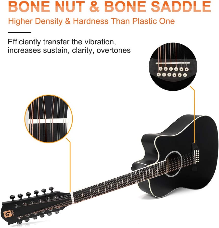 Vangoa VGE12-2 12 String Guitar, Acoustic Electric Cutaway Guitar, Bla