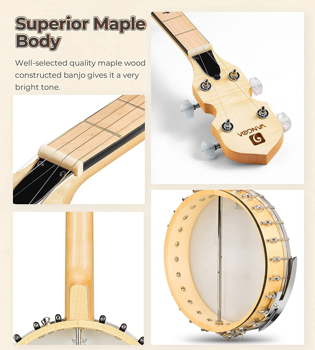 Vangoa Open Back Banjo 5 String Full size with Frosted Remo Head