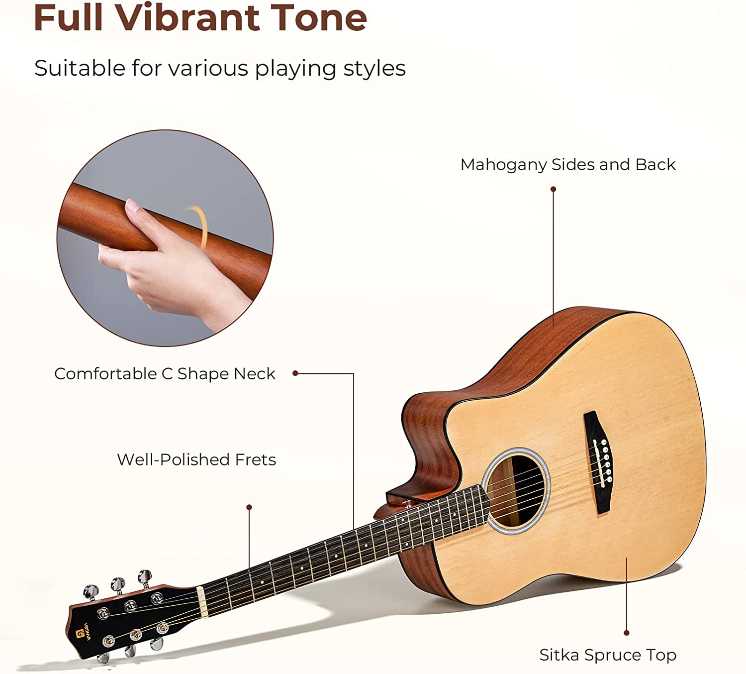 Vangoa VG-1 Matte Acoustic Guitar 41 Inch Right Hand Natural