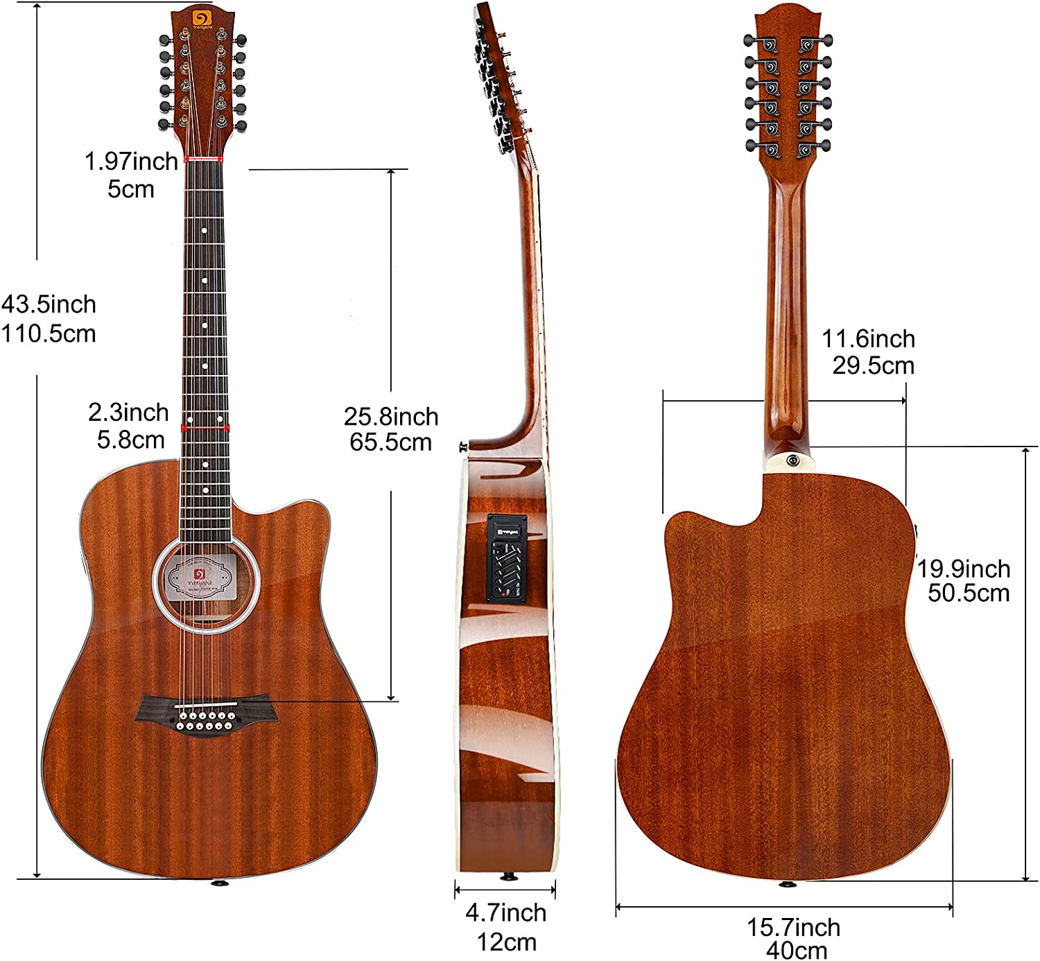 Vangoa VGE12-3 12 String Acoustic-electric Guitar Dreadnought Cutaway