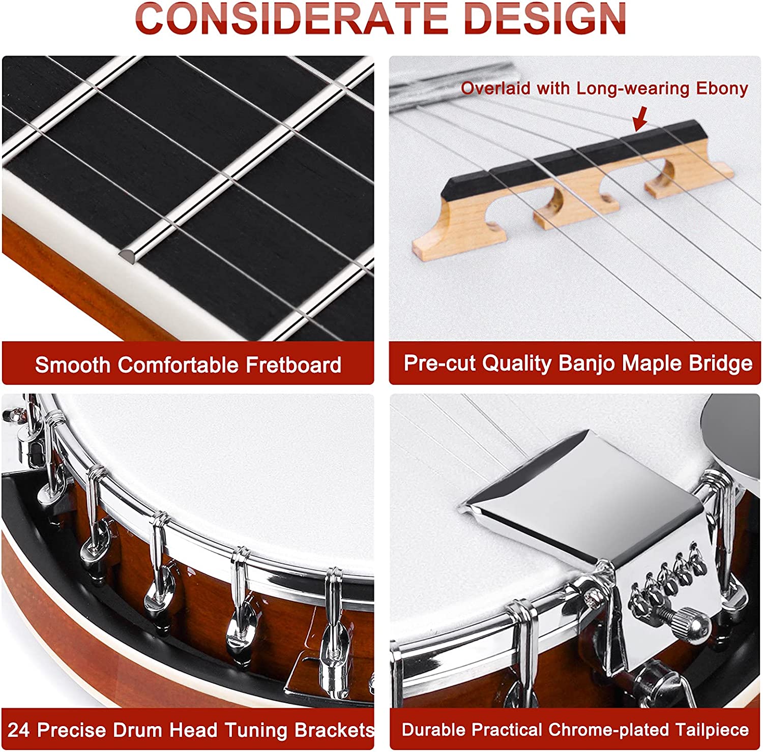 Vangoa LEFT-HANDED Banjo 5 String with Resonator Mahogany Open Back 38