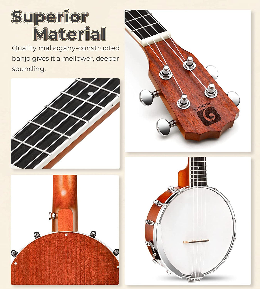 Vangoa VBU-20 Banjo Ukulele Concert 23 Inch 4 String Banjolele with Ar