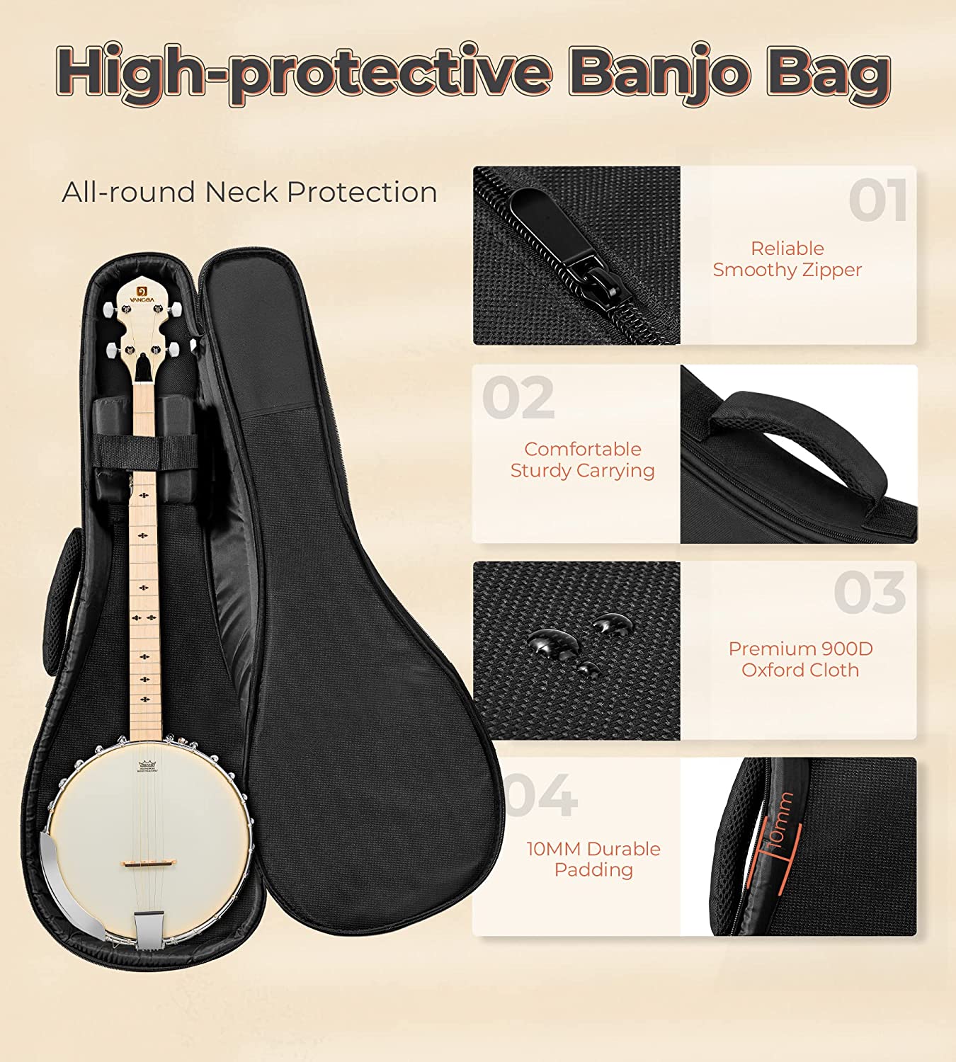 Vangoa Banjo Open Back 5 String Full size