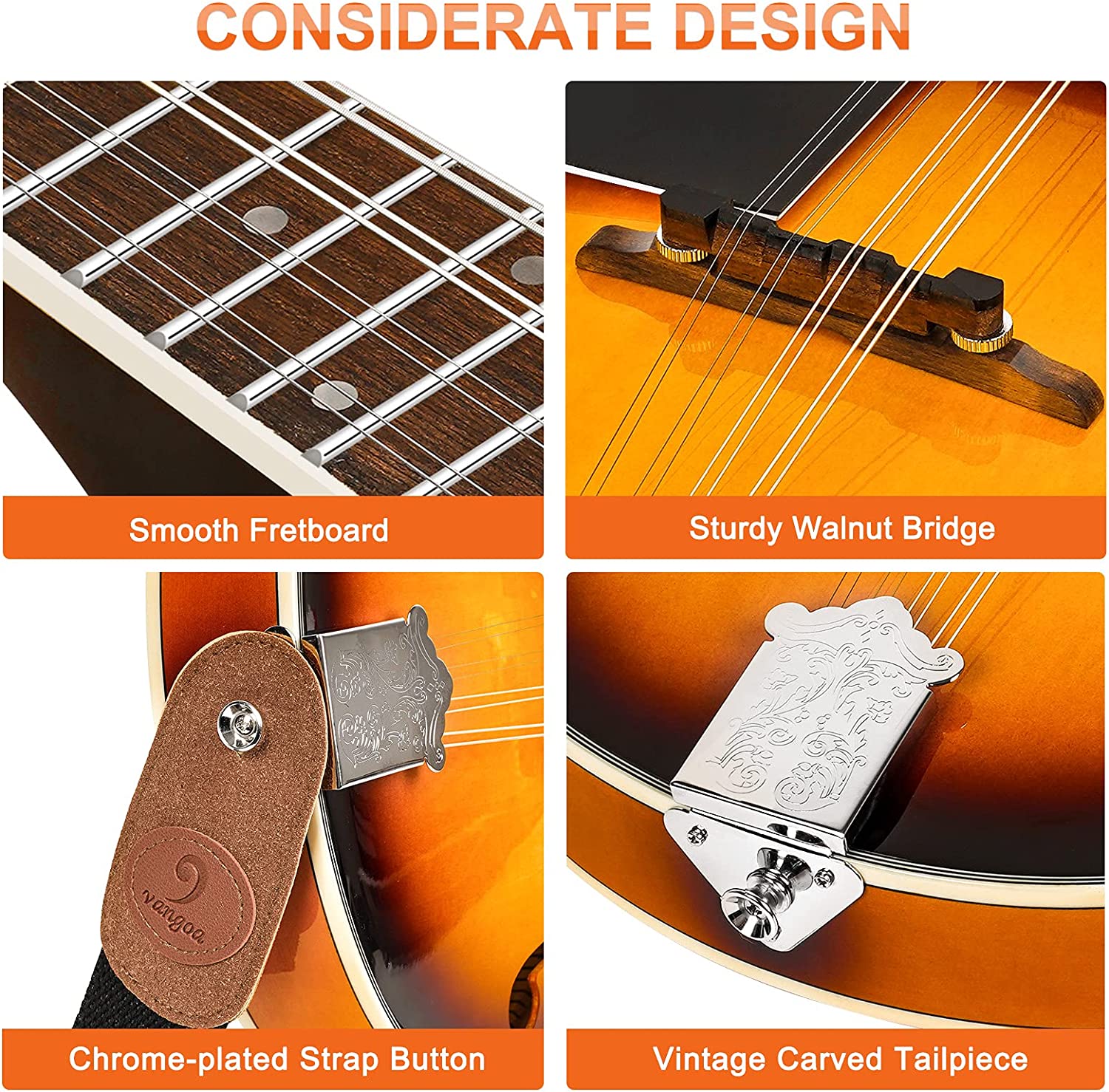 Vangoa LEFT-HANDED A Style Mandolin Musical Instrument 8 String Sunbur